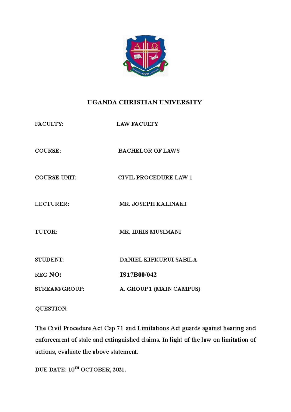 Civil Procedure - UGANDA CHRISTIAN UNIVERSITY FACULTY: LAW FACULTY ...