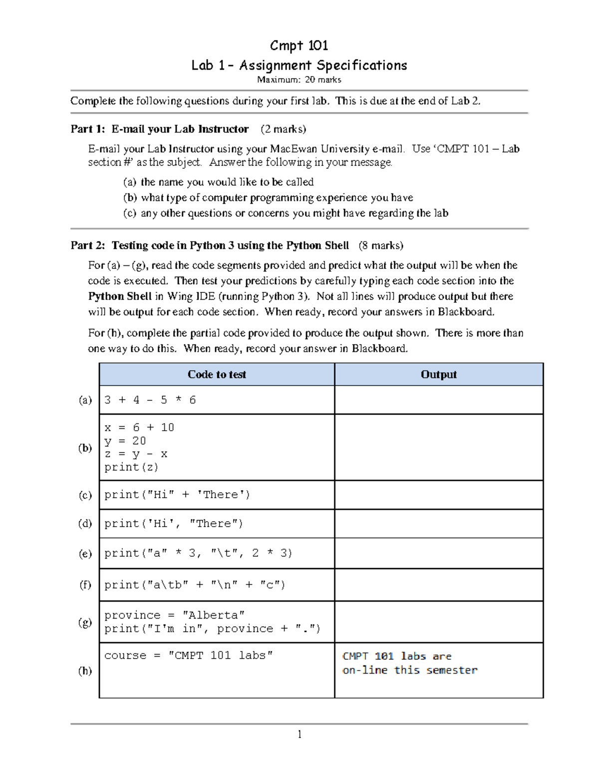 Lab 1 - Assignment Specifications - Cmpt 101 Lab 1 – Assignment ...