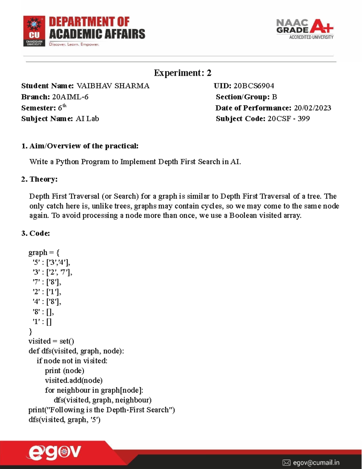 AI exp-3 - Artificial Experiments lab practical number 1 for 3rd year. - Experiment: 2 Student ...