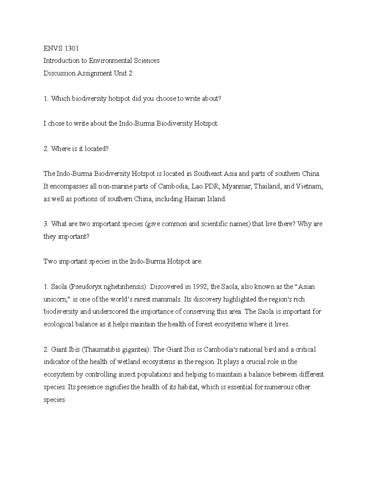 ENVS 1301 Discussion Assignment Unit 2 - ENVS 1301 Introduction to Environmental Sciences ...