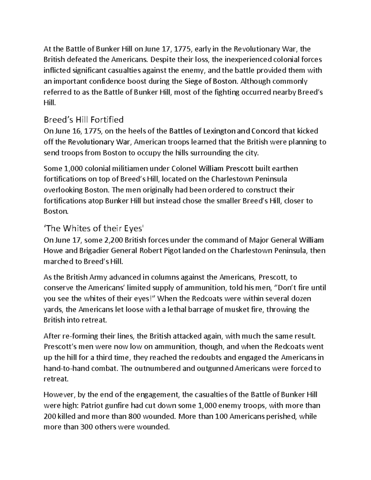 Battle Of Bunker hill Notes - At the Battle of Bunker Hill on June 17 ...