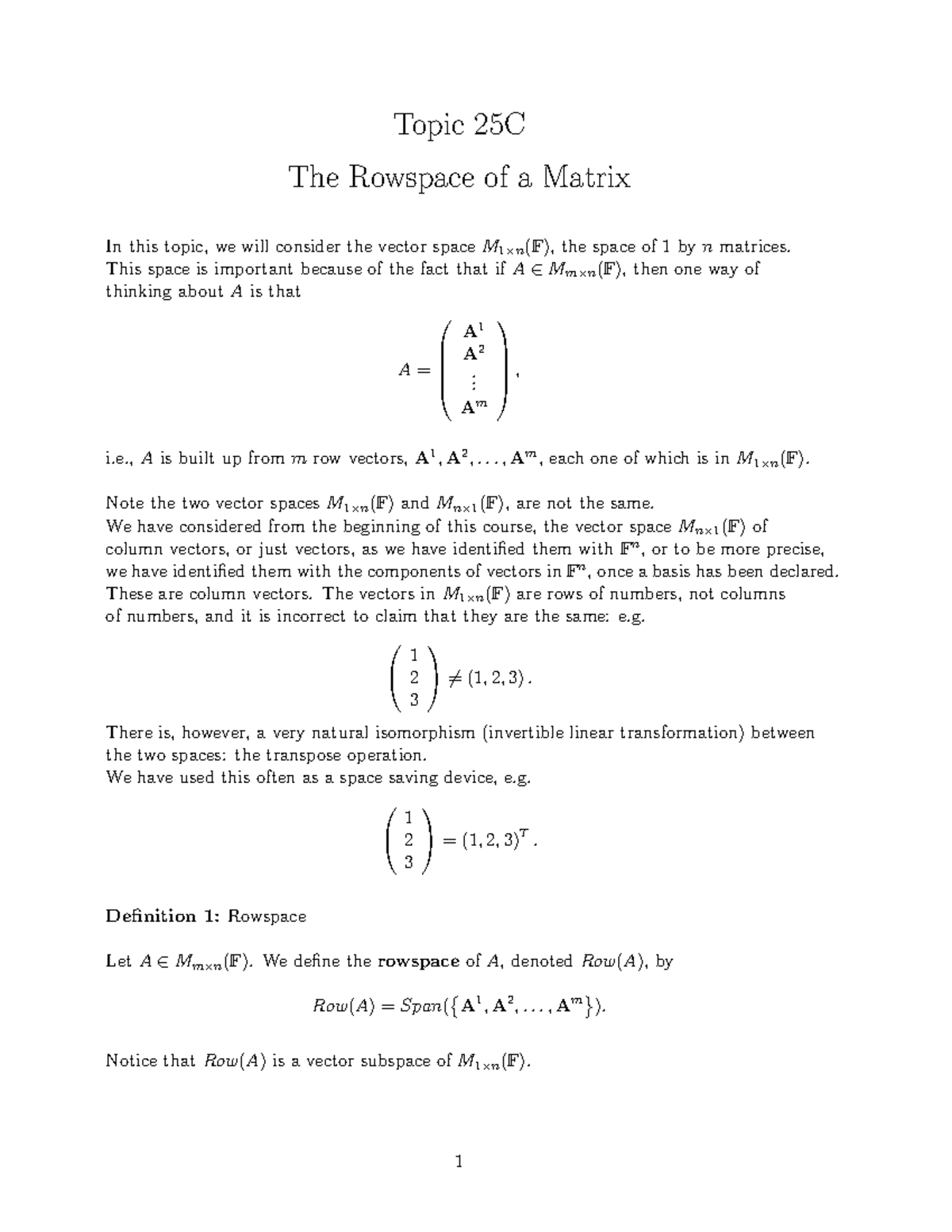 L33 Lecture 33 Topic 25C The Rowspace Of A Matrix In This Topic We