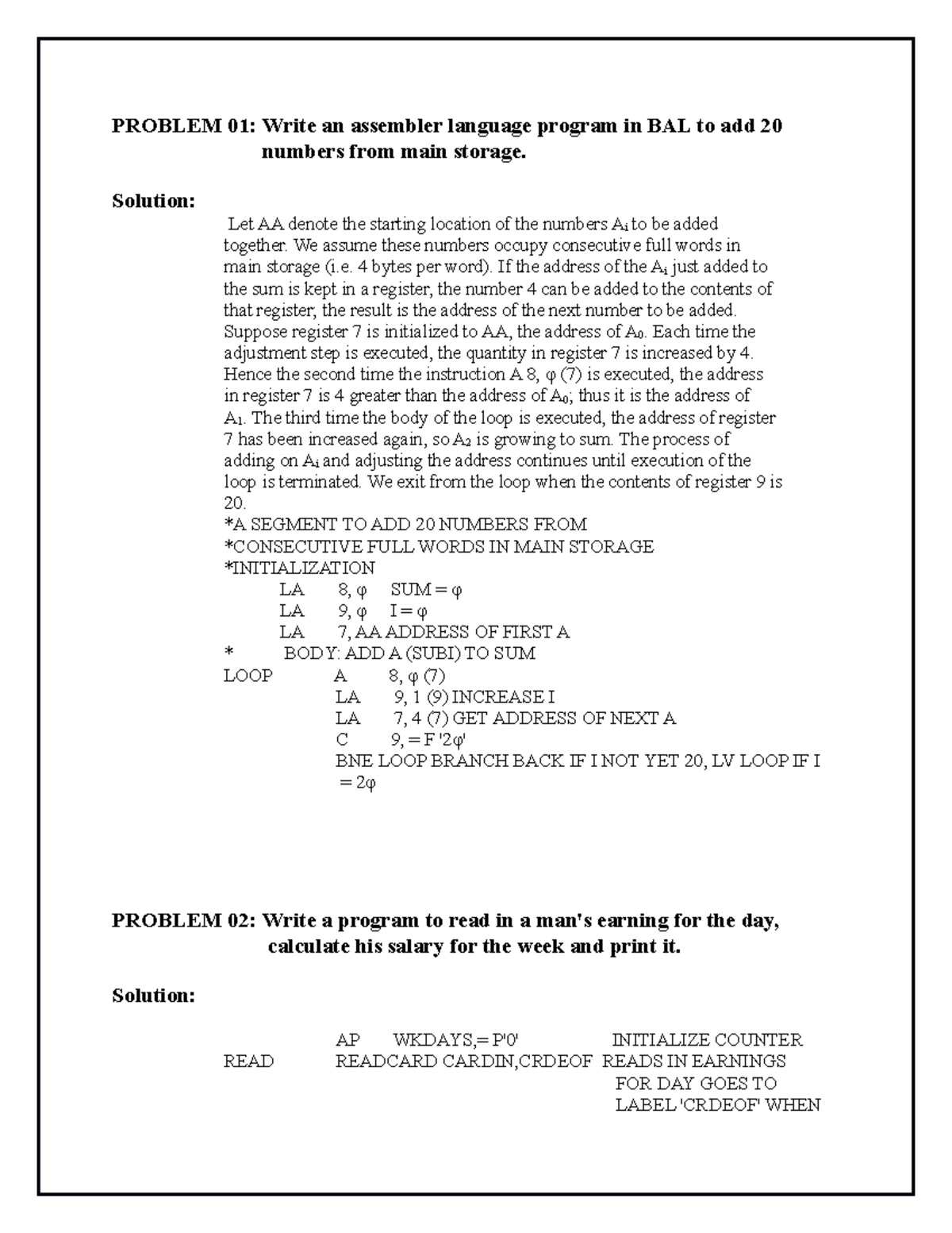Tutorial No 07 Programs - PROBLEM 01: Write an assembler language program in BAL to add 20 ...