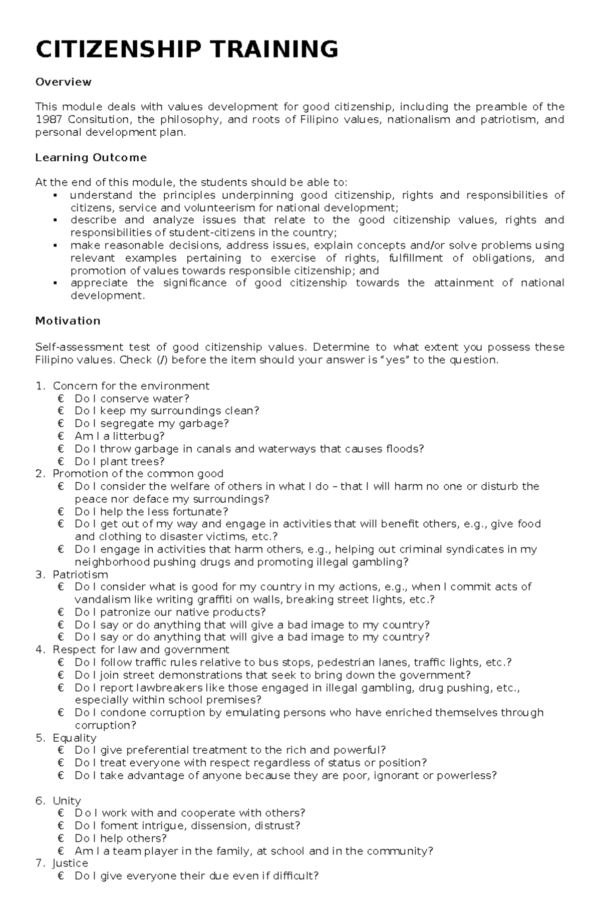 Citizenship Training Final Notes - CITIZENSHIP TRAINING Overview This ...