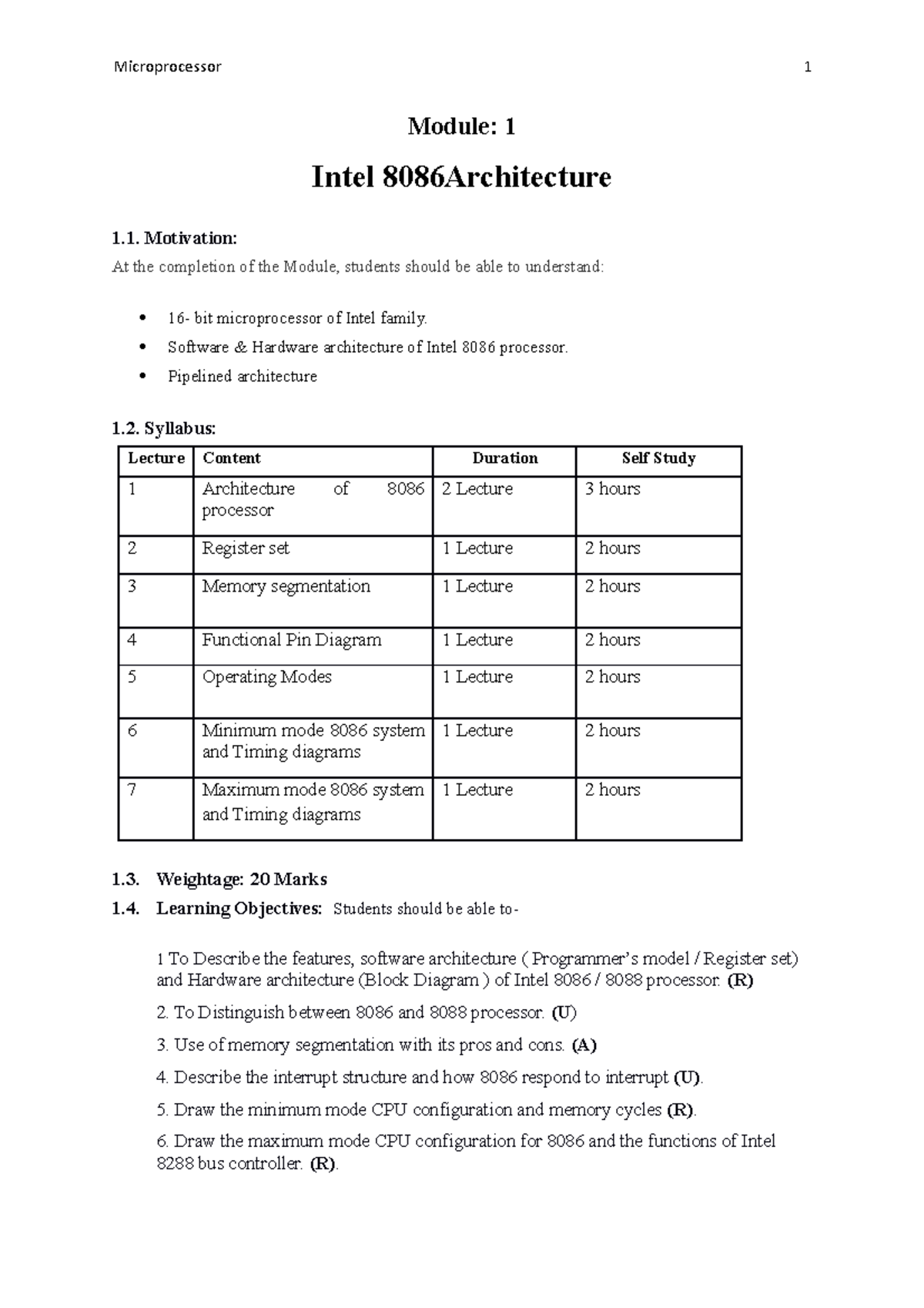MP Moule 1 - Microprocessor - Module: 1 Intel 8086Architecture Motivation: At the completion of ...
