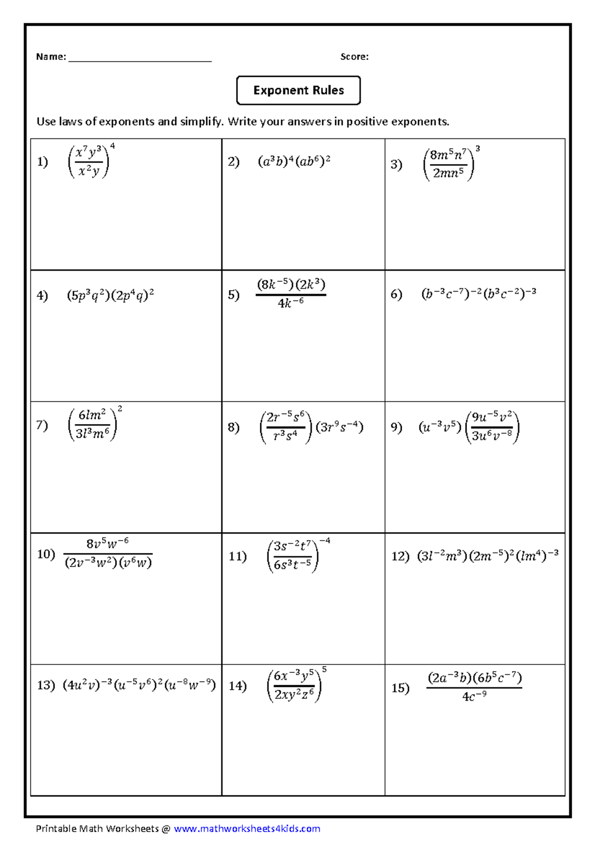 Exponents drills 3 - Nothing - Name: __________________________ Score ...