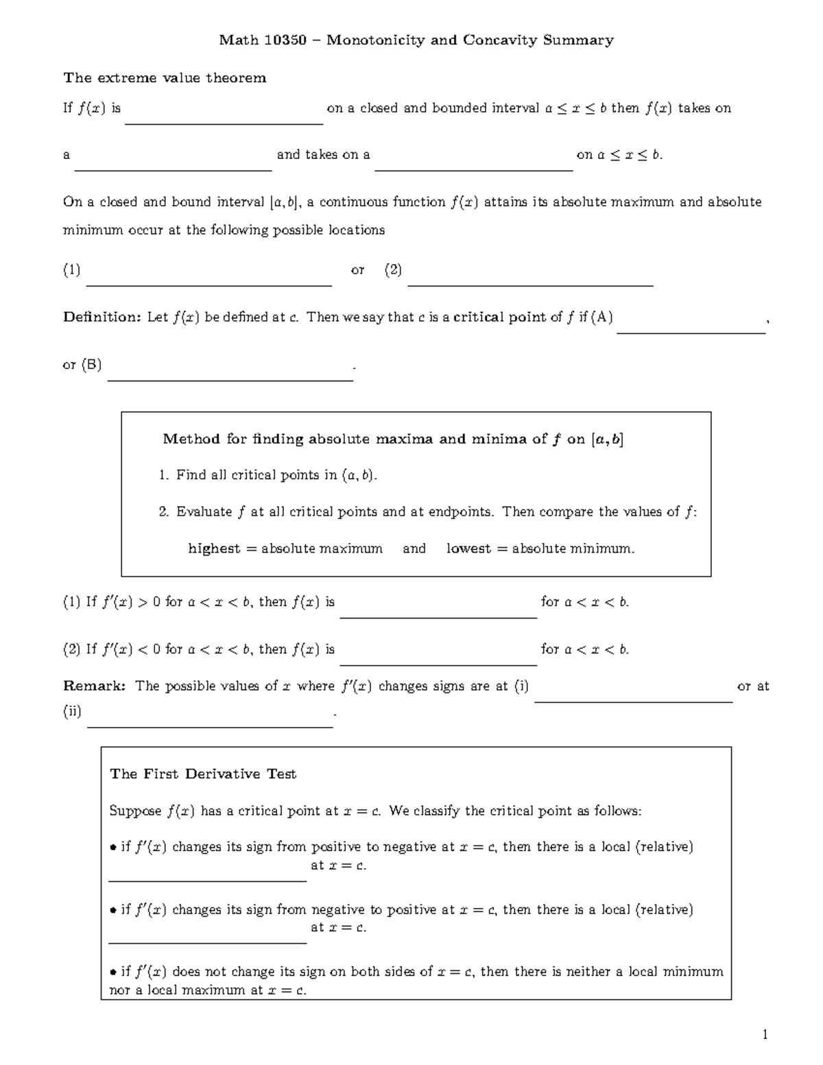 10350 Mono Concave Summary - Math 10350 – Monotonicity and Concavity ...