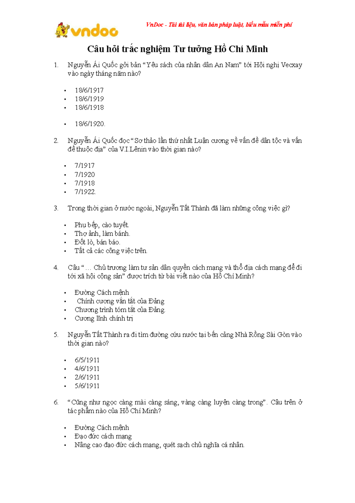 Cau hoi trac nghiem tu tuong ho chi minh - VnDoc - Tải tài liệu, văn bản pháp luật, biểu mẫu ...