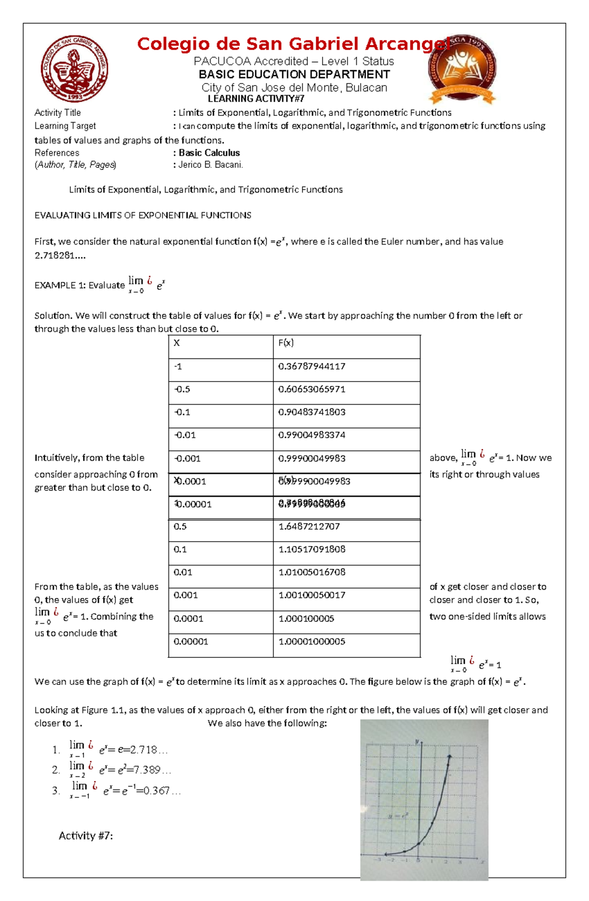 LAS #7 Limits of Exponential, Logarithmic, and Trigonometric Functions ...