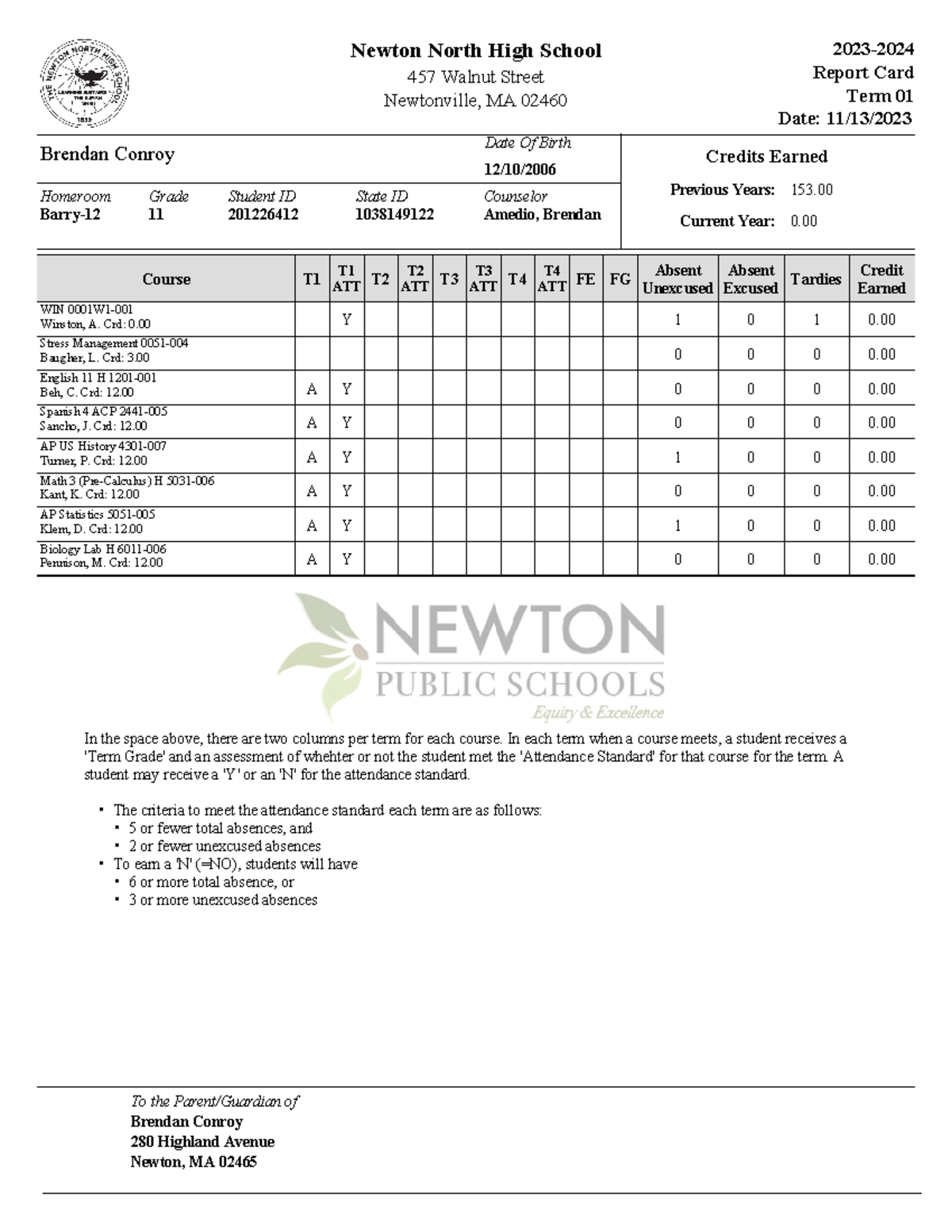 Report Card - High School - 2023- Date: 11/13/ Term 01 457 Walnut ...