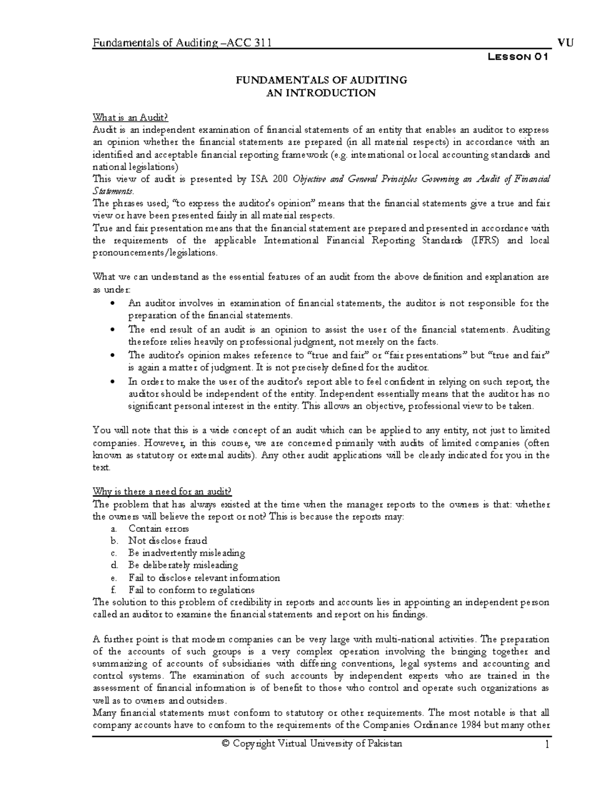 Fundamentals of Auditing Notes - Lesson 01 FUNDAMENTALS OF AUDITING AN ...