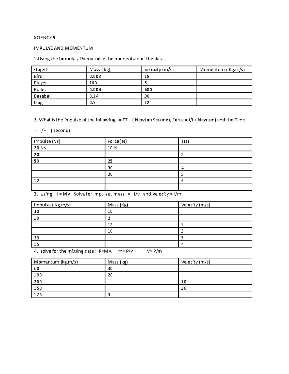 Science 9 , impulse and momentum - SCIENCE 9 IMPULSE AND MOMENTUM 1 the ...