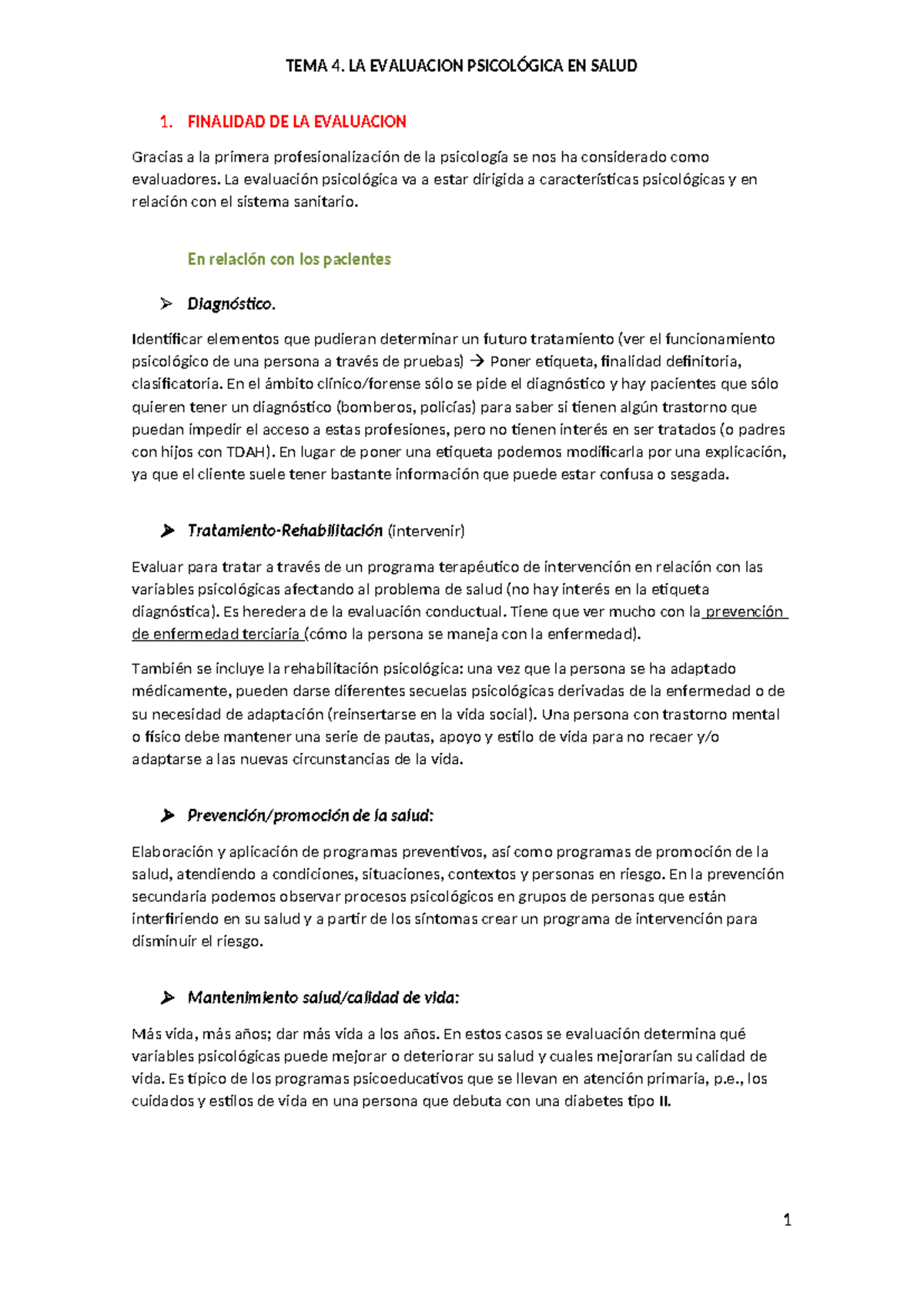 TEMA 4. Evaluación psicologica en PS - 1. FINALIDAD DE LA EVALUACION ...