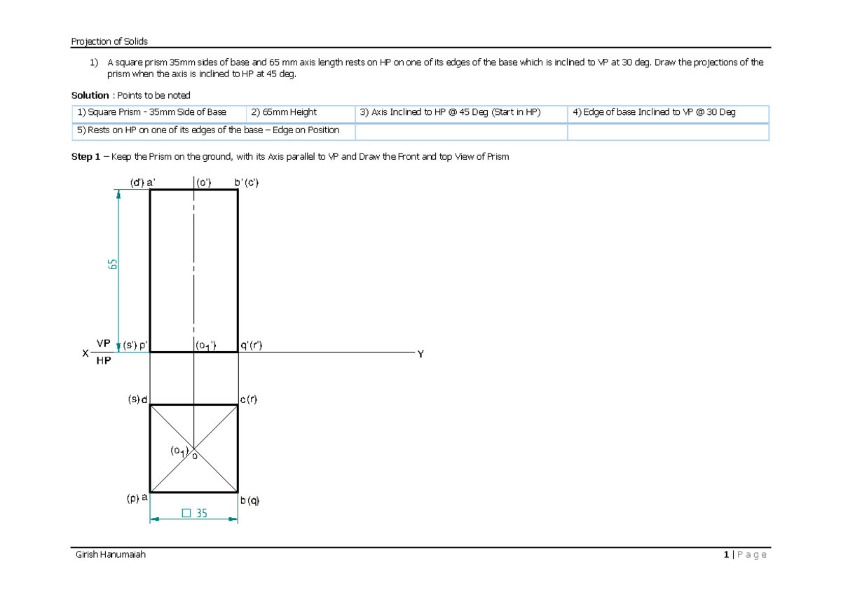 Projection-of-solids - A square prism 35mm sides of base and 65 mm axis ...