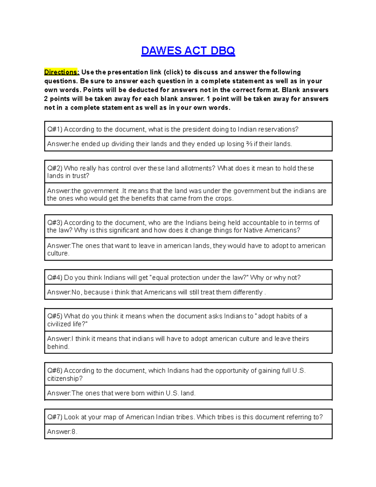 Dawes ACT. .. - DAWES ACT DBQ Directions: Use the presentation link ...