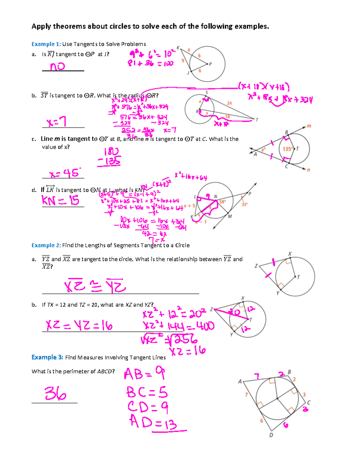 Circles Practice Answers Example 1 Use Tangents To Solve Problems A
