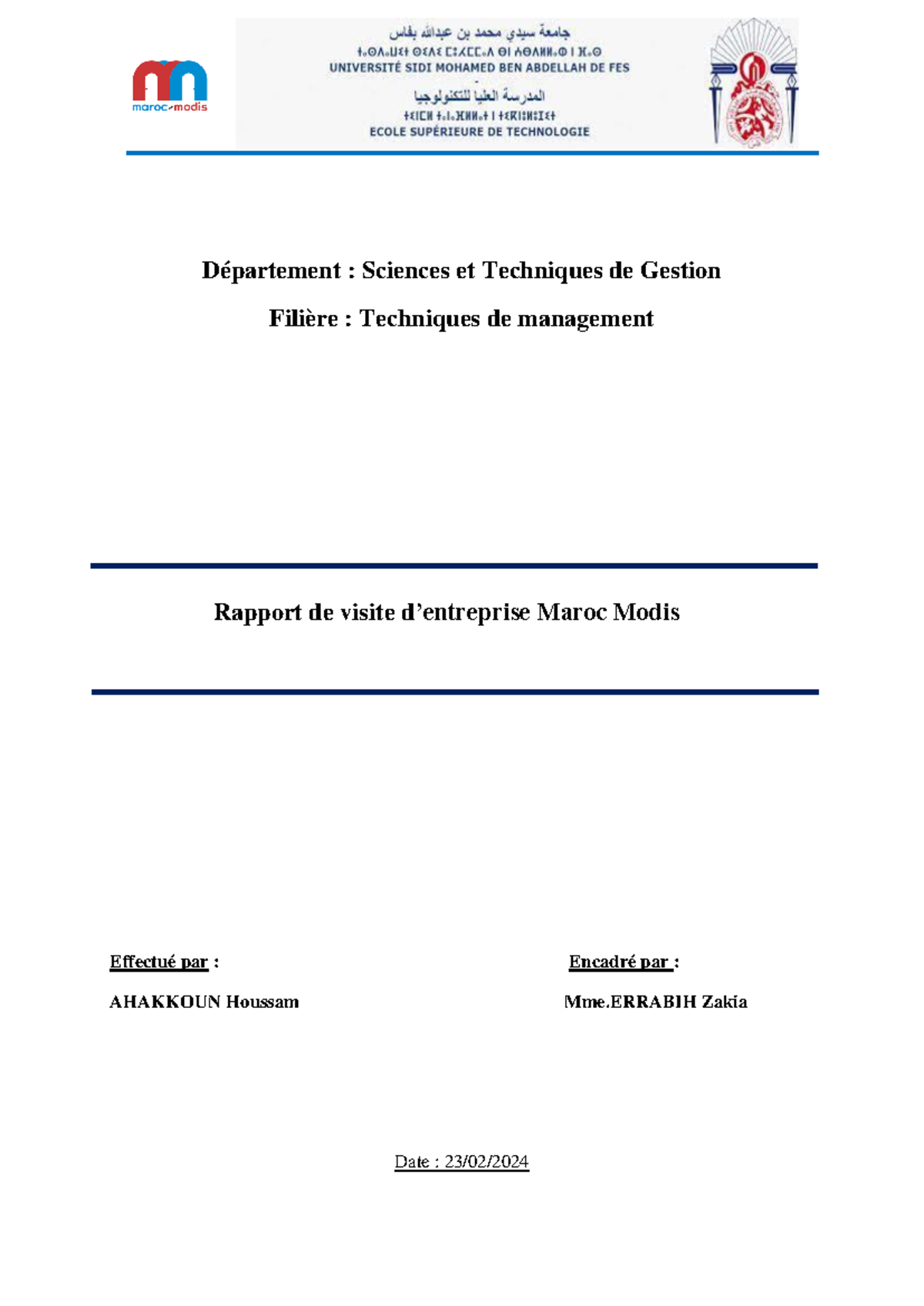 Rapport Maroc Modis - Département : Sciences et Techniques de Gestion Filière : Techniques de ...
