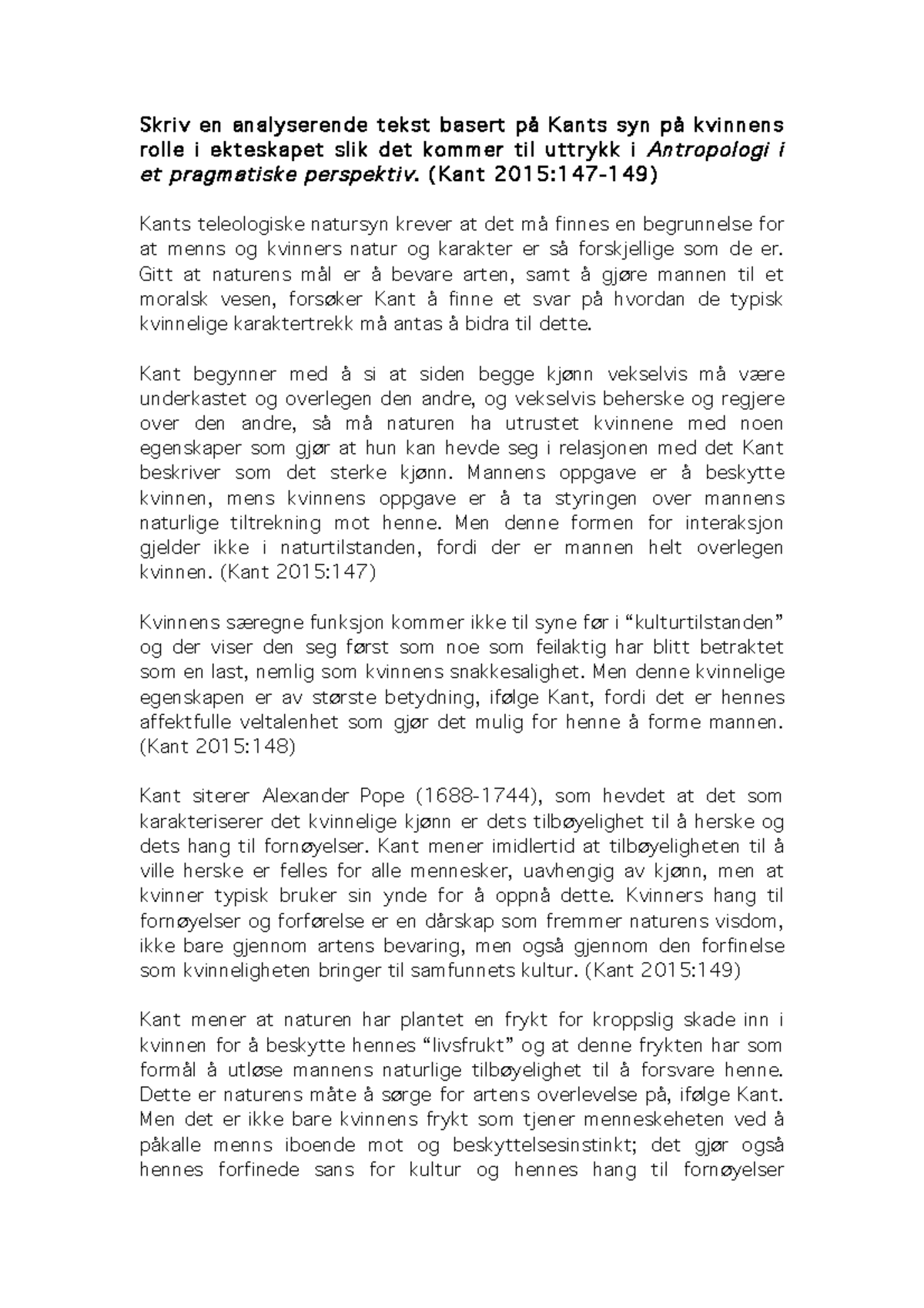 Eksempel på en analyserende tekst - Skriv en analyserende tekst basert på Kants syn på kvinnens ...