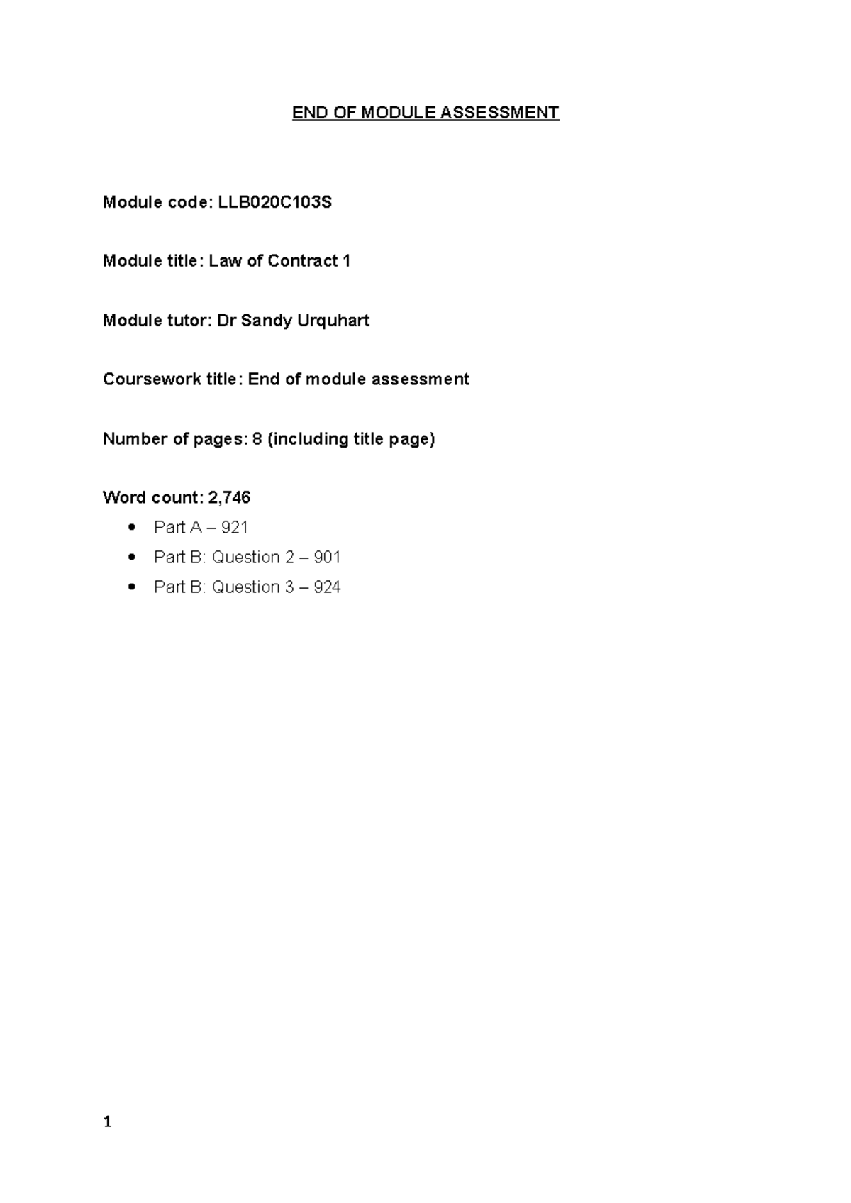 Contract law - END OF MODULE ASSESSMENT Module code: LLB020C103S Module ...