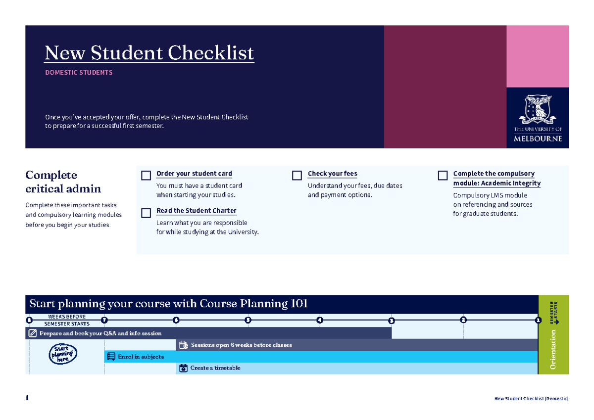 NSC Domestic V4 - stuff - 1 New Student Checklist (Domestic) Complete critical admin Complete ...