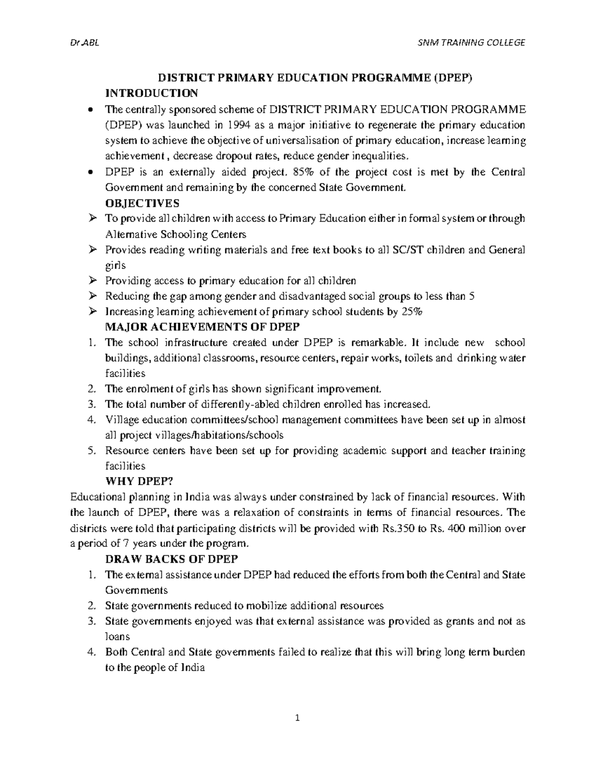 Module 5 - Summary B.ed Social Science - DISTRICT PRIMARY EDUCATION PROGRAMME (DPEP ...