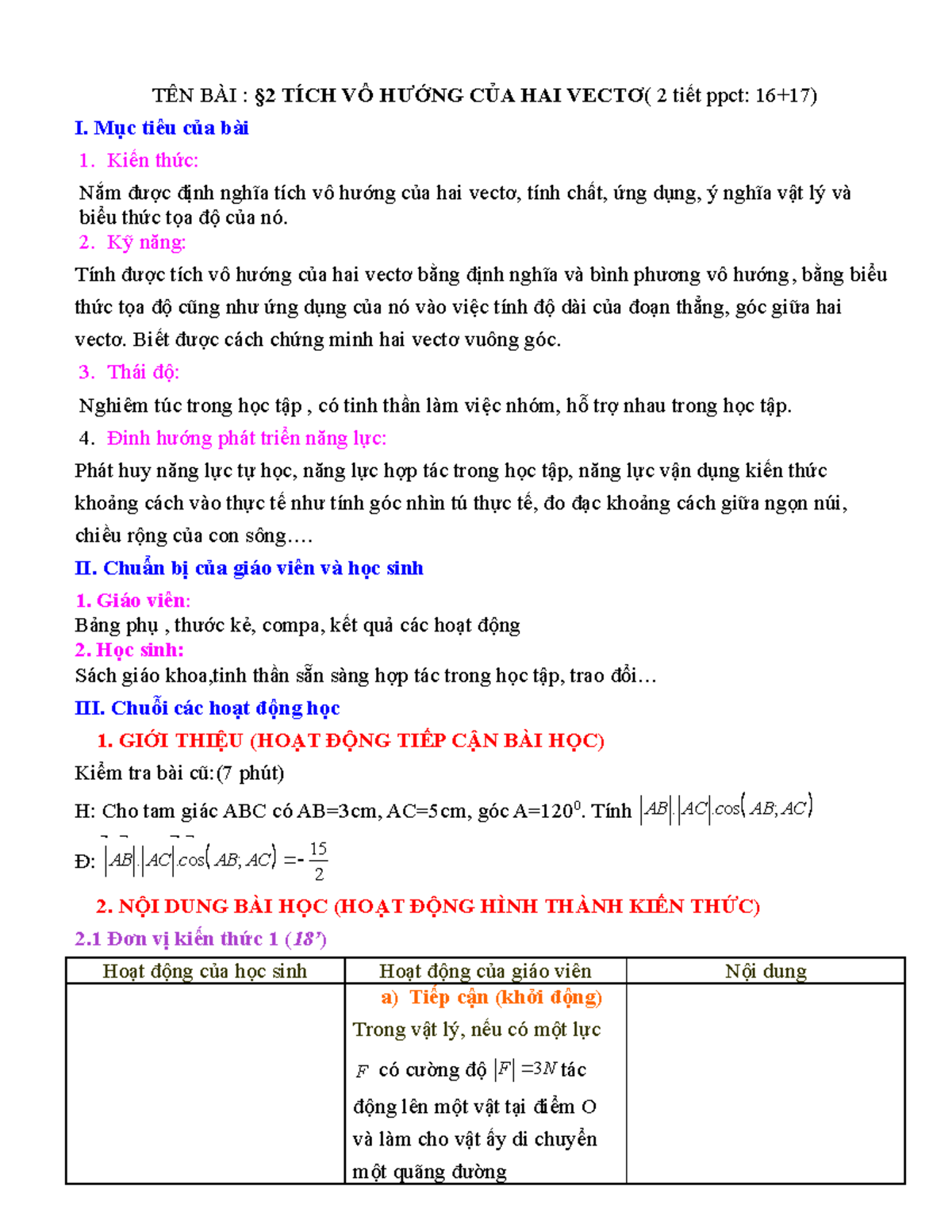 Chuong II 2 Tich vo huong cua hai vecto - TÊN BÀI : §2 TÍCH VÔ HƯỚNG CỦA HAI VECTƠ( 2 tiết ppct ...