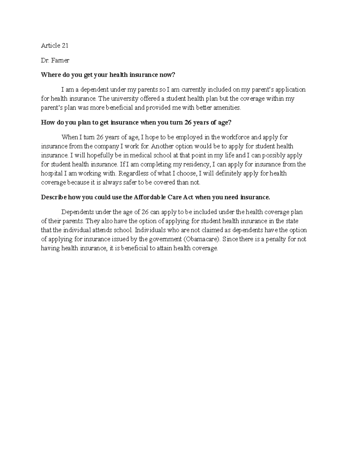 Article 21 - Assignment on health insurance - Article 21 Dr. Farner ...