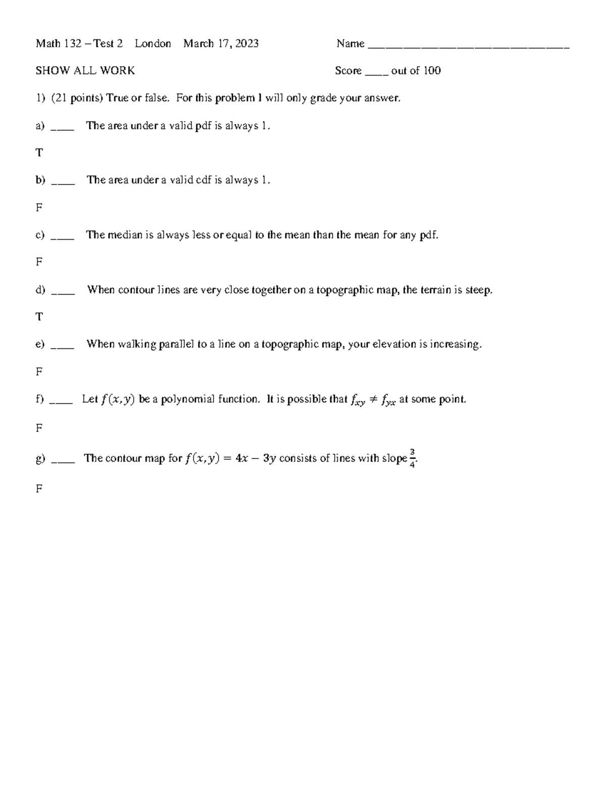 Math 132 Test 2 - Math 132 Test 2. Spring Semester Professor London ...