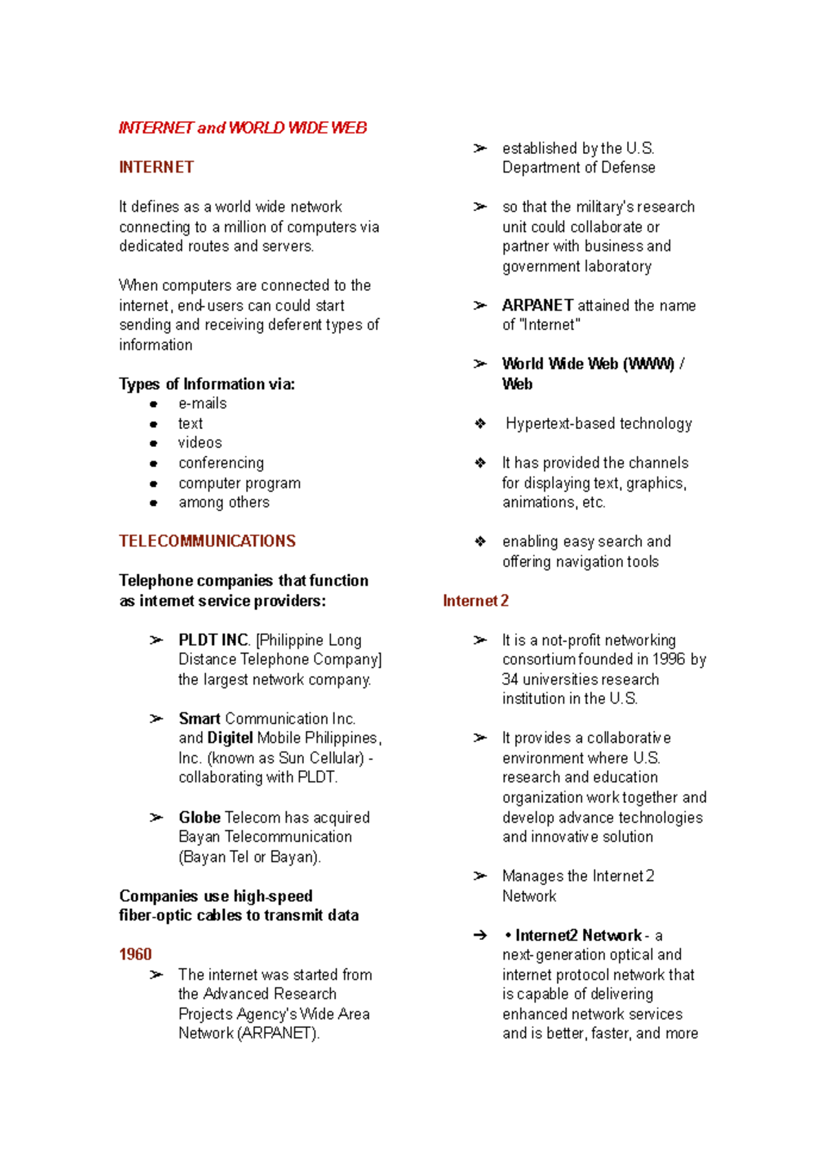 ELEC MT Notes - INTERNET and WORLD WIDE WEB INTERNET It defines as a ...