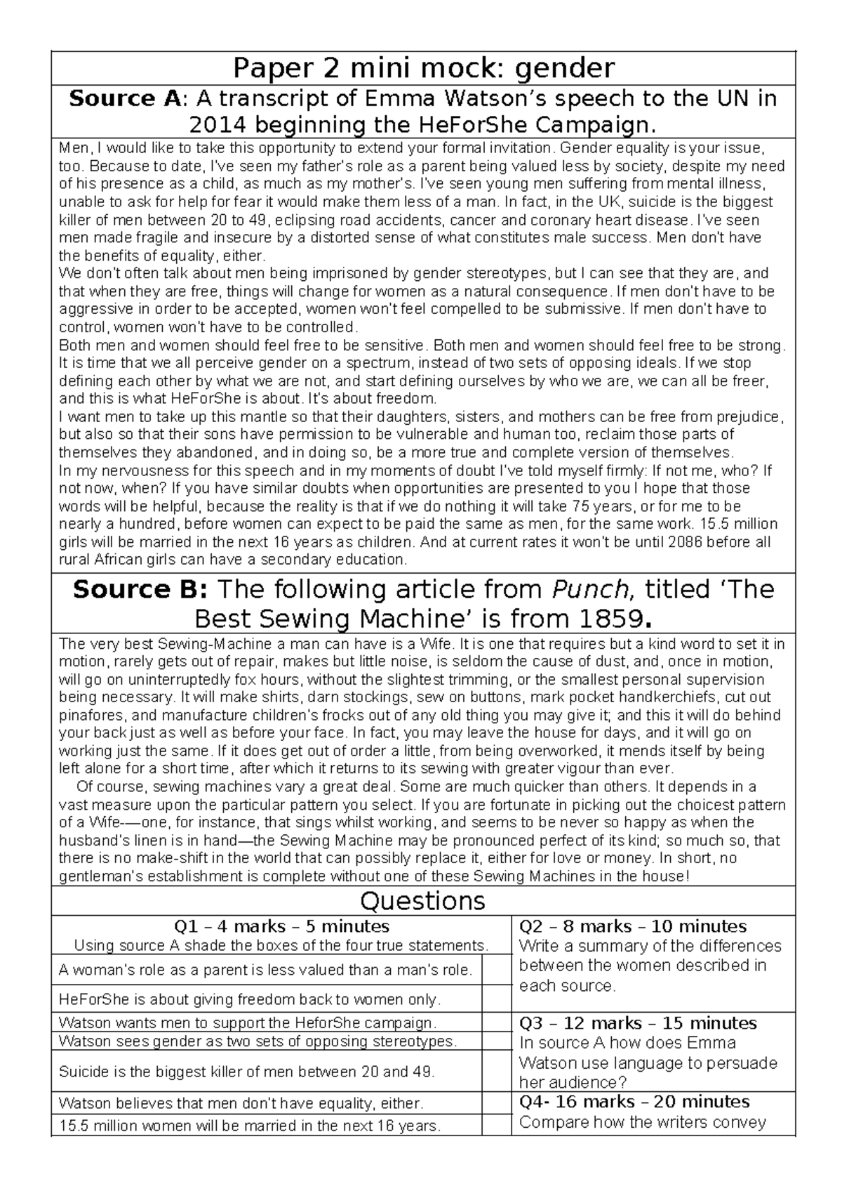 Paper 2 mini mocks - Bosh - Paper 2 mini mock: gender Source A: A ...