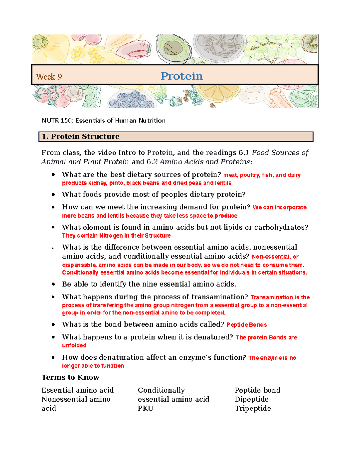 Week 09 Study Guide Proteins - NUTR 150: Essentials of Human Nutrition ...