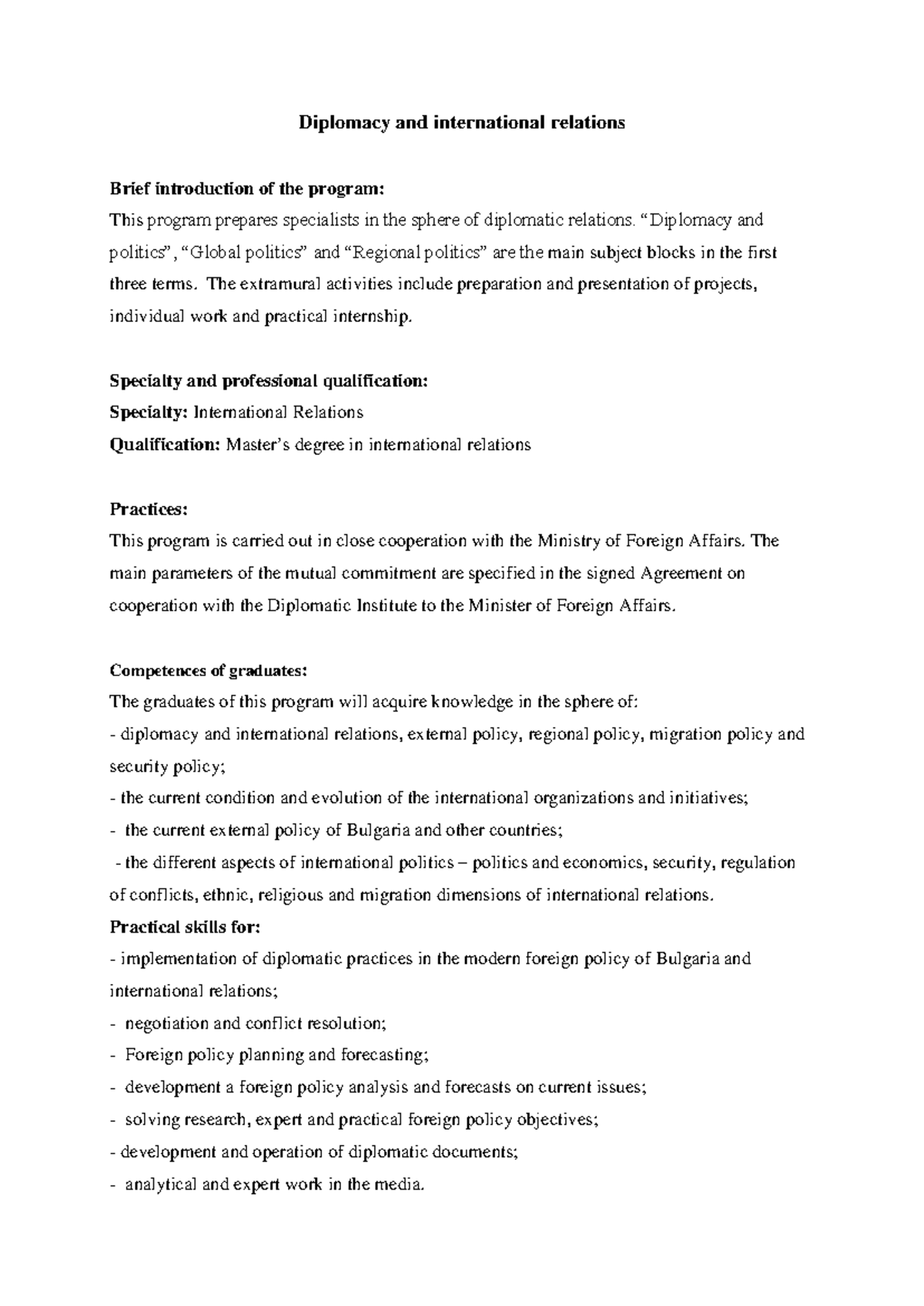 Diplomacy and international relations - “Diplomacy and politics ...