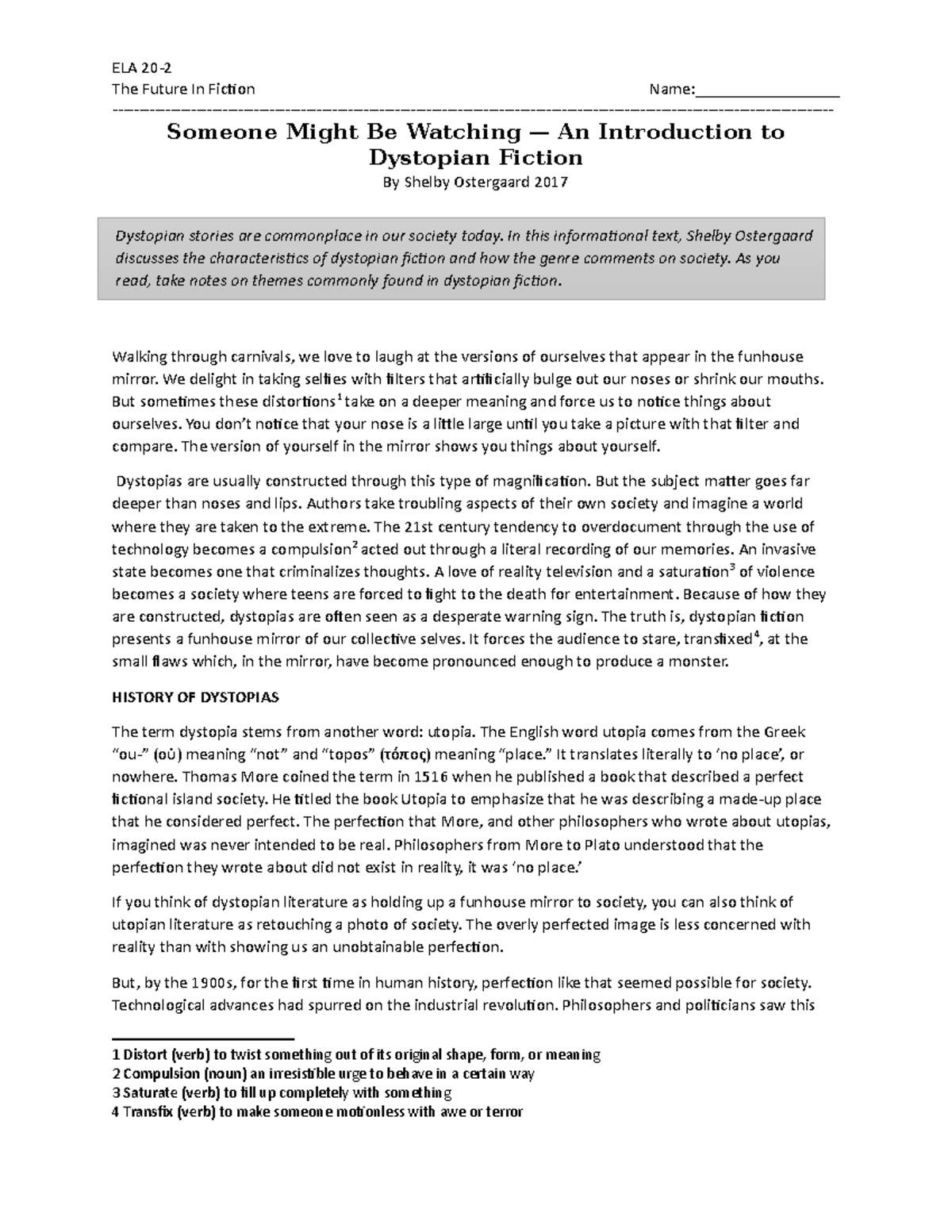 2.b. Someone Might Be Watching Distopia reading - ELA 20- The Future In ...