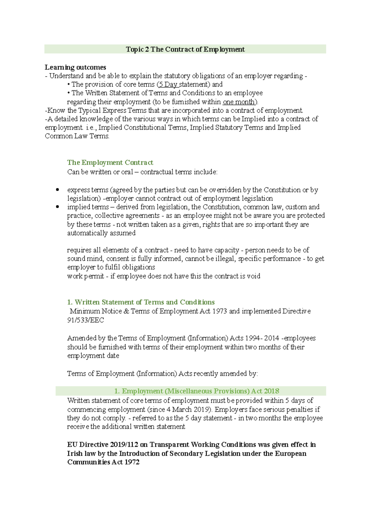 Labour Law Topic 2 Contract of Employment - Topic 2 The Contract of ...