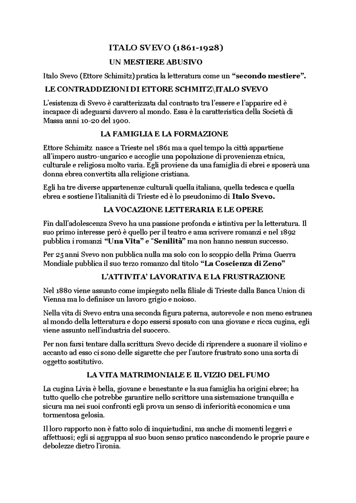 Italo Svevo - Vita e opere - ITALO SVEVO (1861-1928) UN MESTIERE ABUSIVO Italo Svevo (Ettore ...