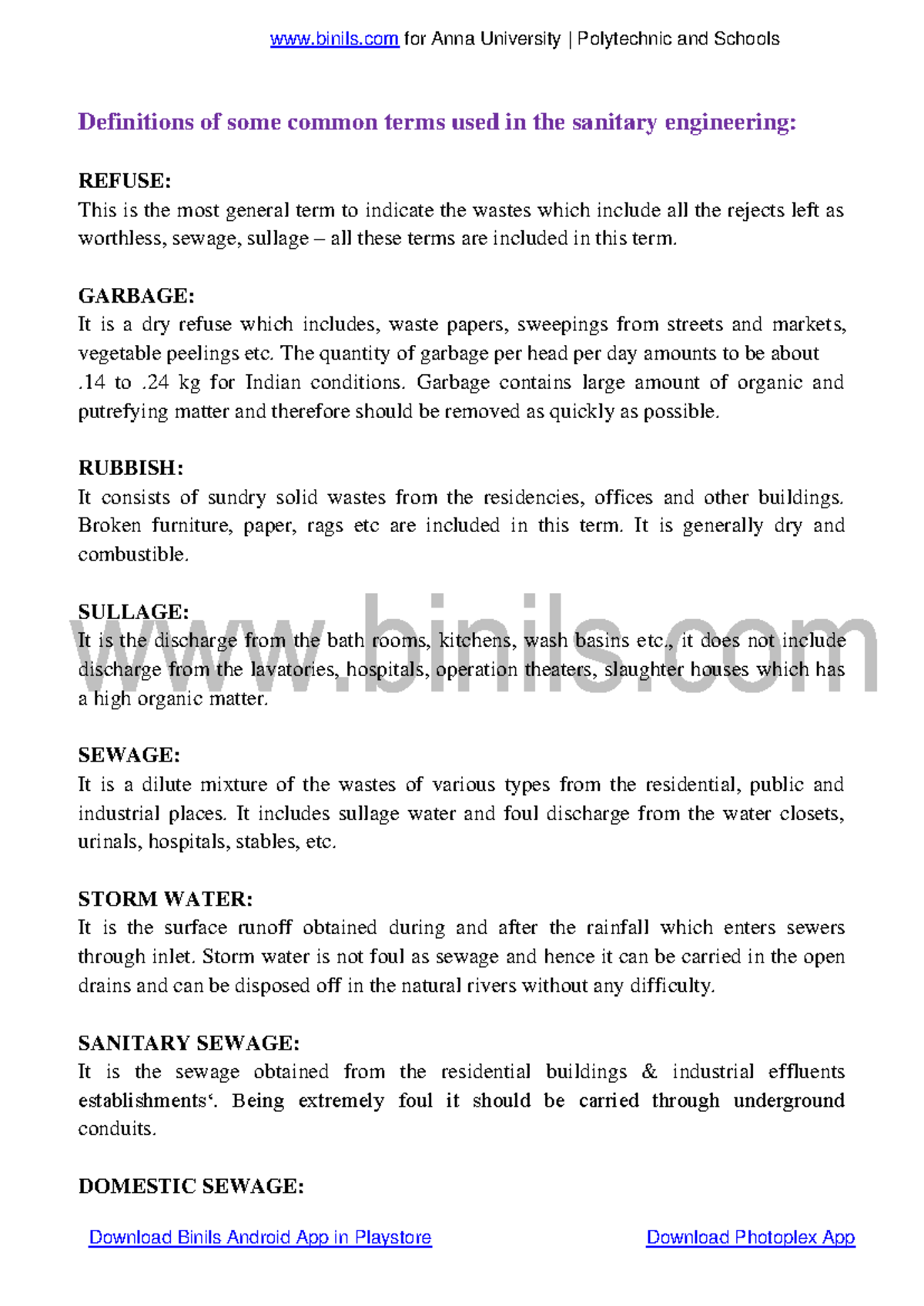EN8592 UNIT 1 Common Terms Used in Sanitary Engineering - Definitions ...