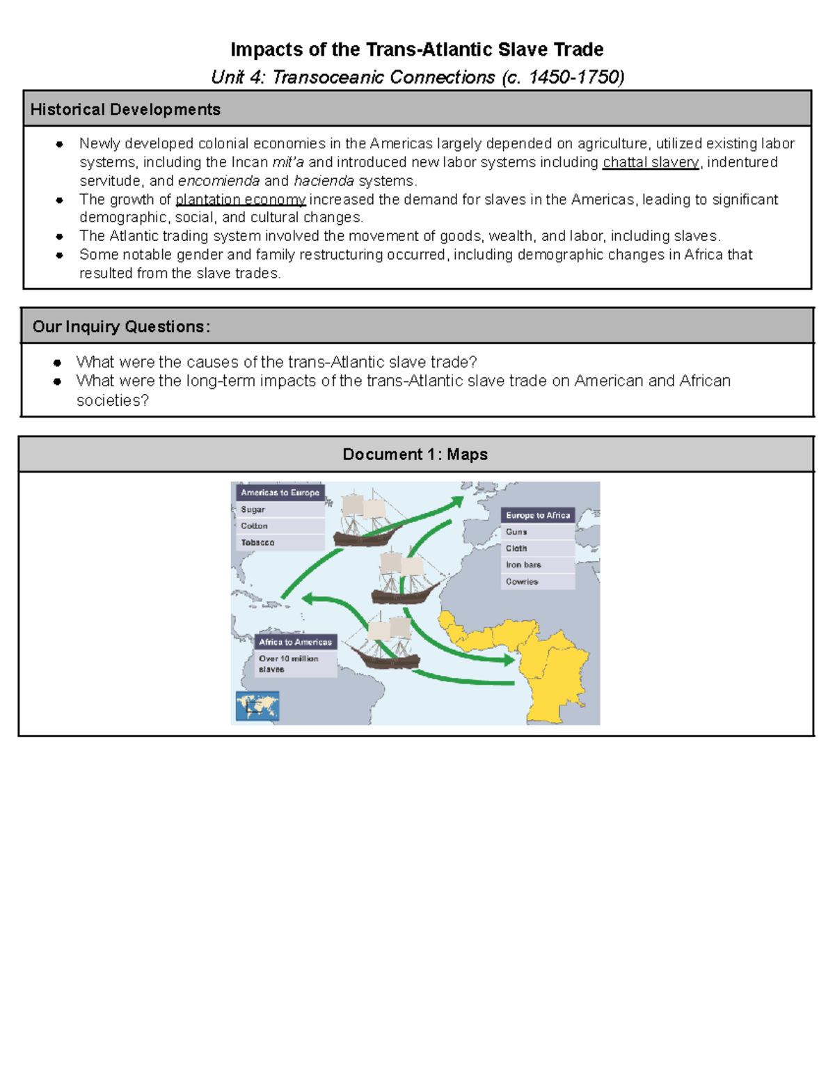 Unit 4 Impacts of the Trans-Atlantic Slave Trade Student Documents ...