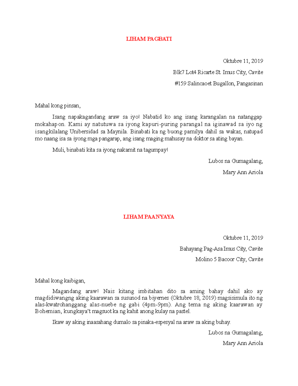 Uri ng liham - LIHAM PAGBATI Oktubre 11, 2019 Blk7 Lot4 Ricarte St ...