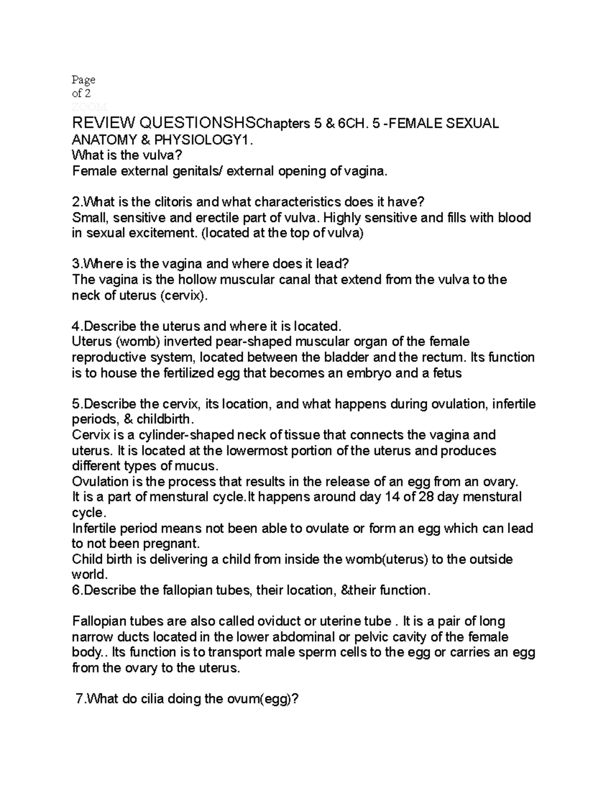 Quiz 2 Human Sexualtiy - Page of 2 ZOOM REVIEW QUESTIONSHSChapters 5 ...