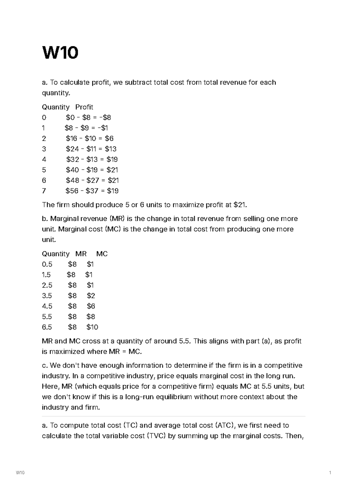 W10 - W10 pre workshop - W10 1 W a. To calculate profit, we subtract total cost from total ...