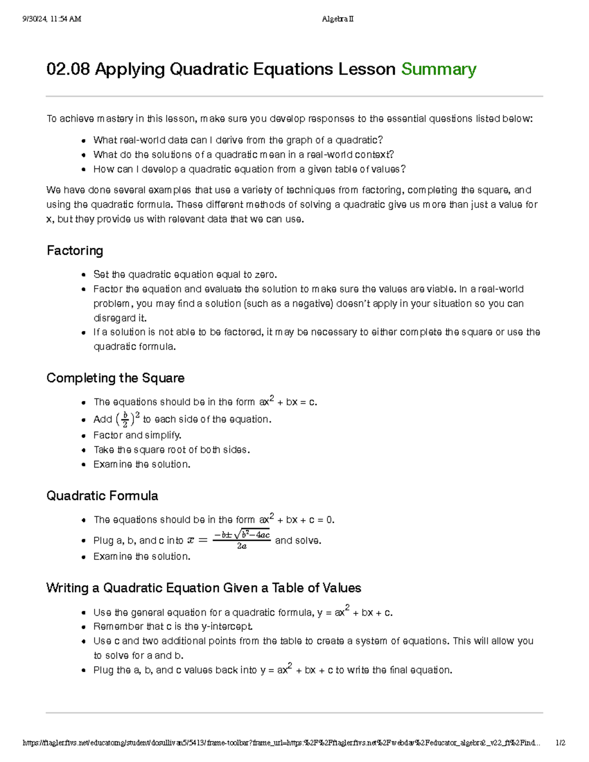 2 - math - 02 Applying Quadratic Equations Lesson Summary To achieve ...