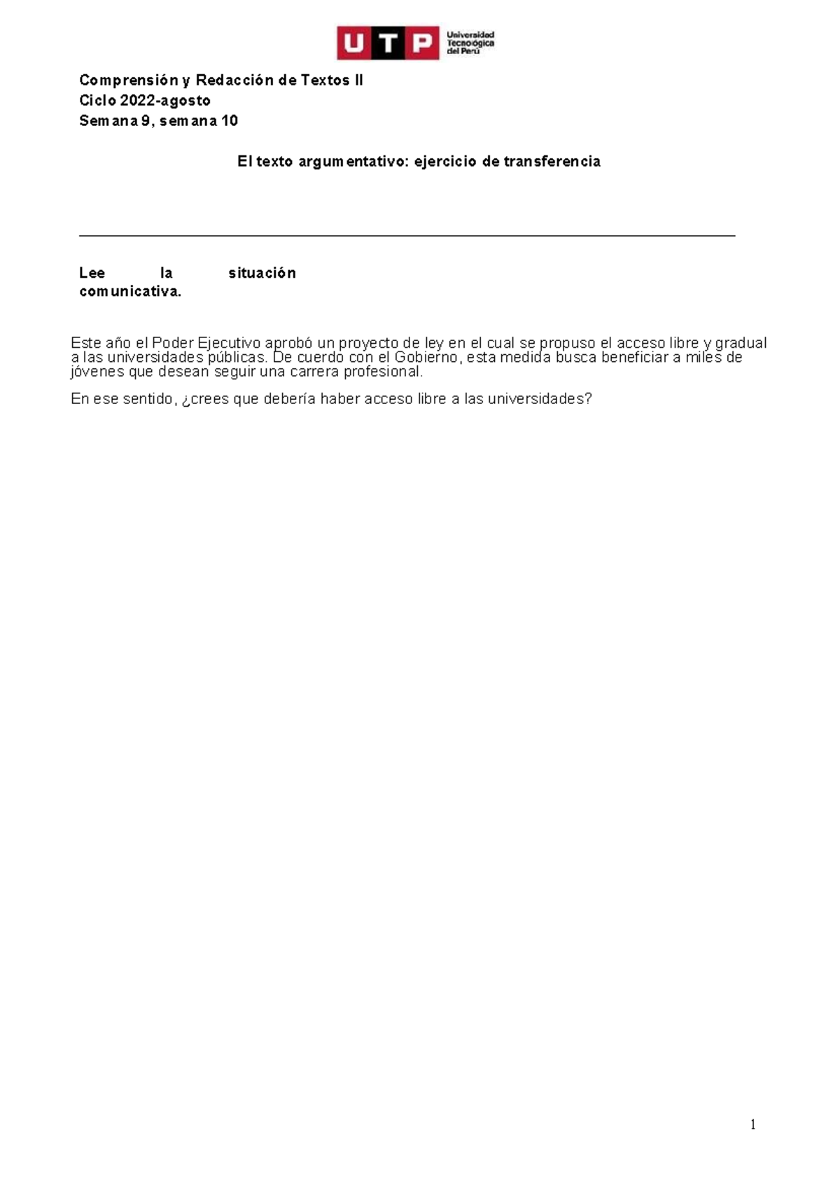 S09. y S10 - Ejercicio de transferencia El texto argumentativo formato ...
