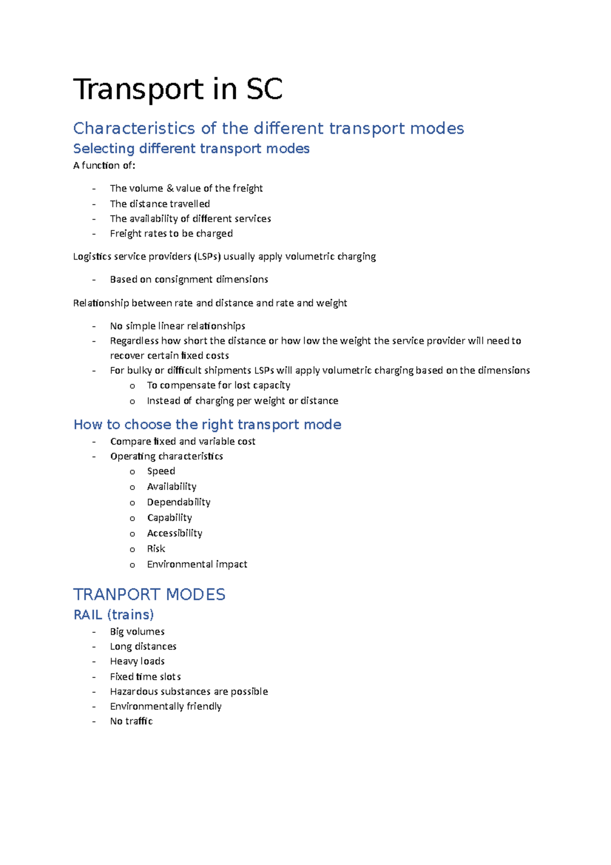 Transport in SC - Transport in SC Characteristics of the different ...