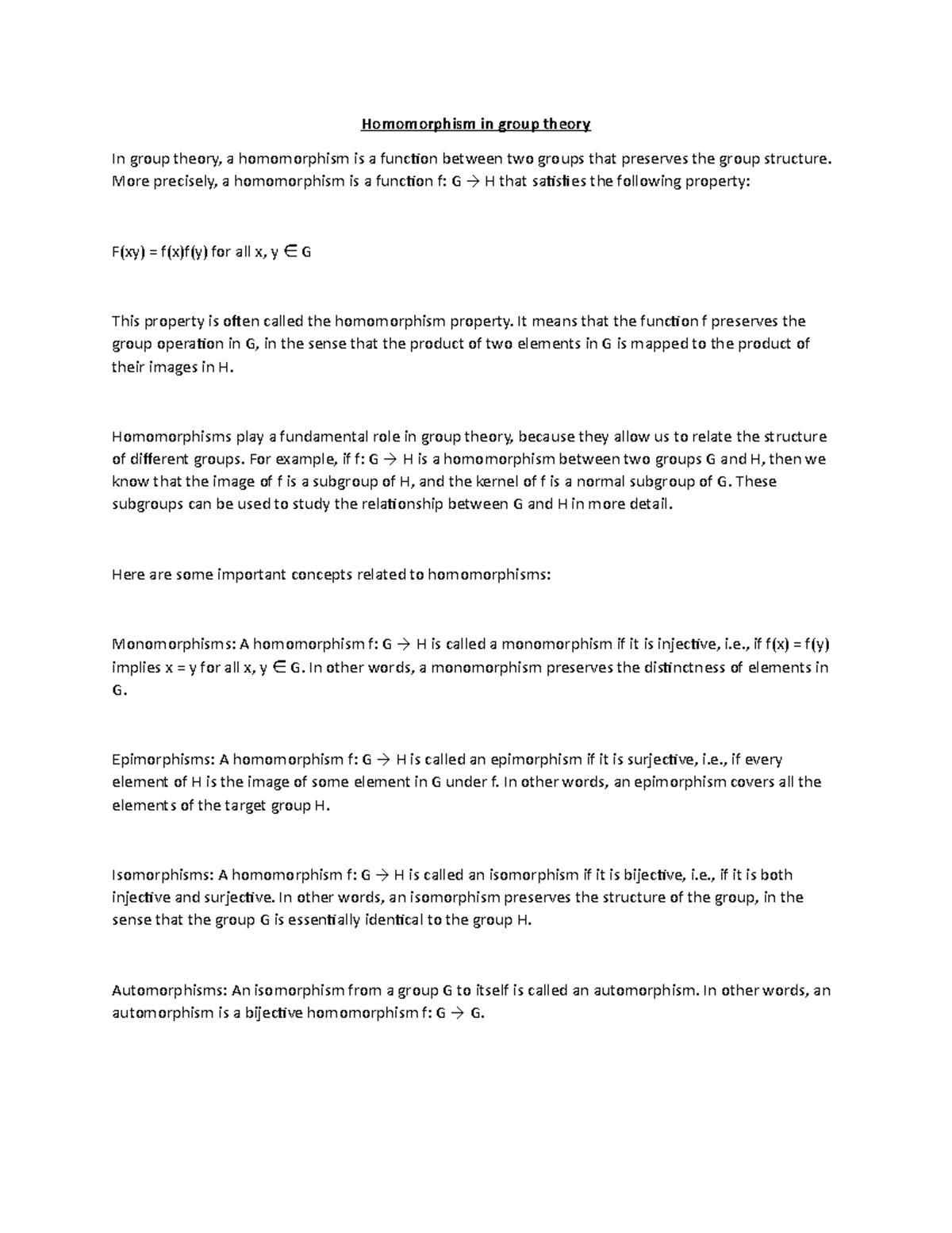 Homomorphism In Group Theory More Precisely A Homomorphism Is A Function F G → H That