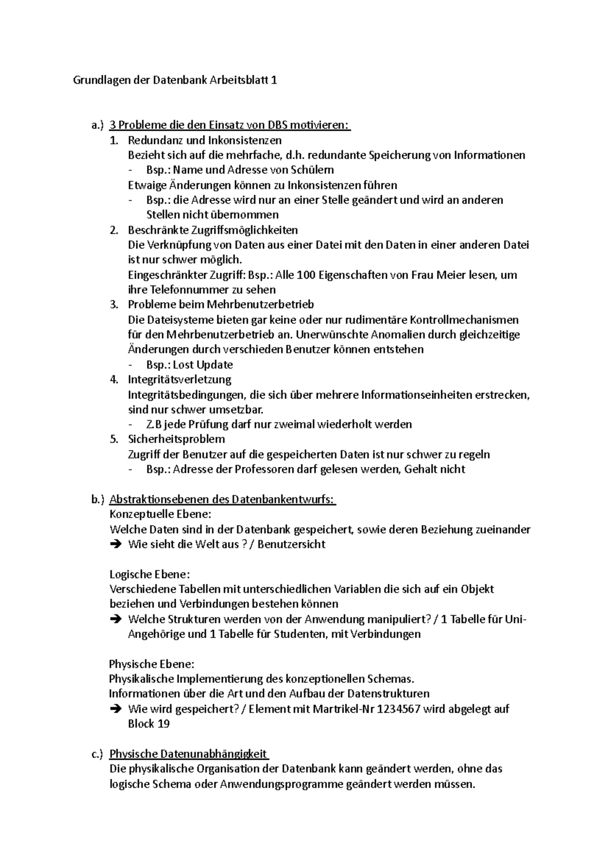Grundlagen der Datenbank Arbeitsblatt 1 - ) 3 Probleme die den Einsatz ...