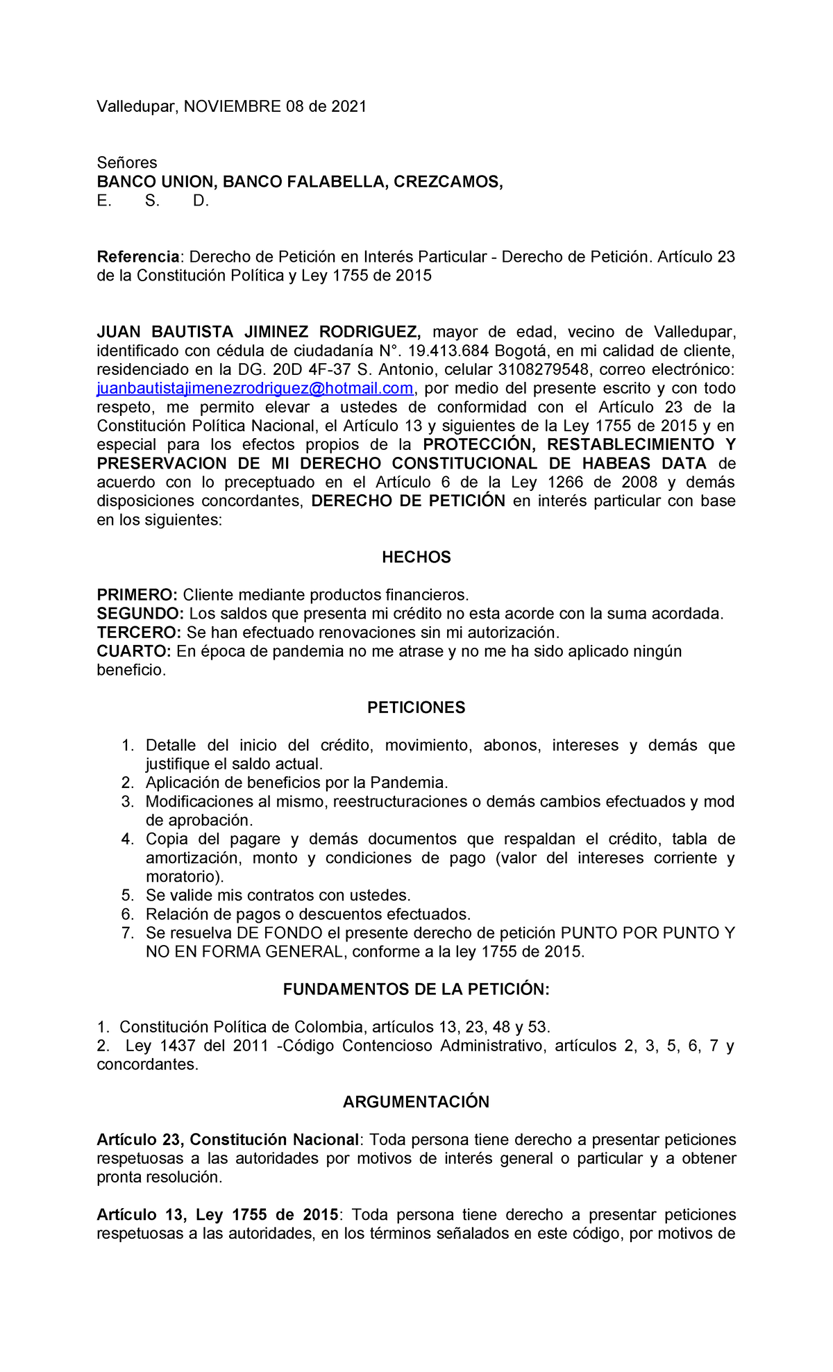 Eriberto valled fortmato - Valledupar, NOVIEMBRE 08 de 2021 Señores ...