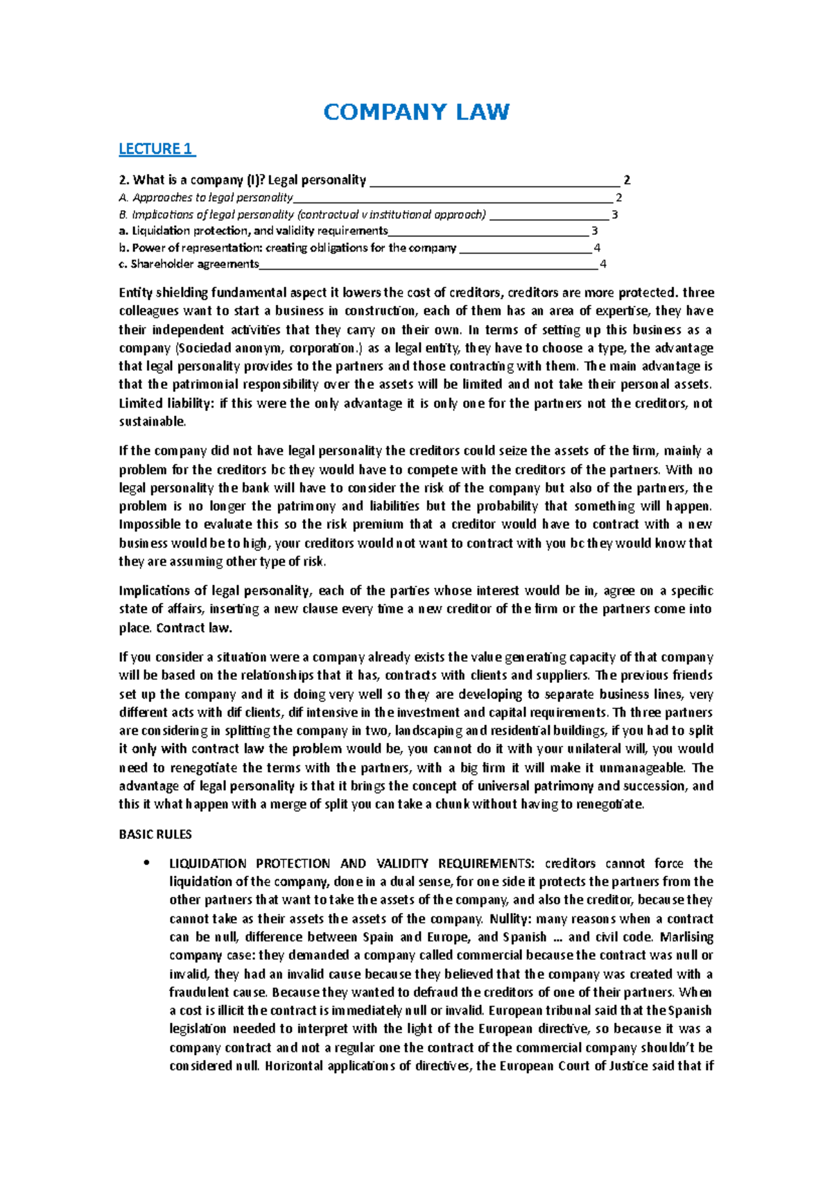 Company LAW - apuntes - COMPANY LAW LECTURE 1 2. What is a company (I ...