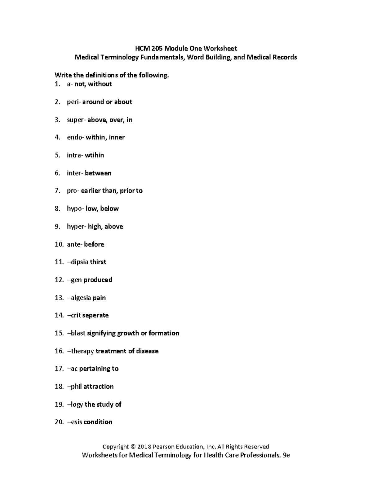 1-3 Worksheet: Medical Terminology, Word Building, and Medical Records ...