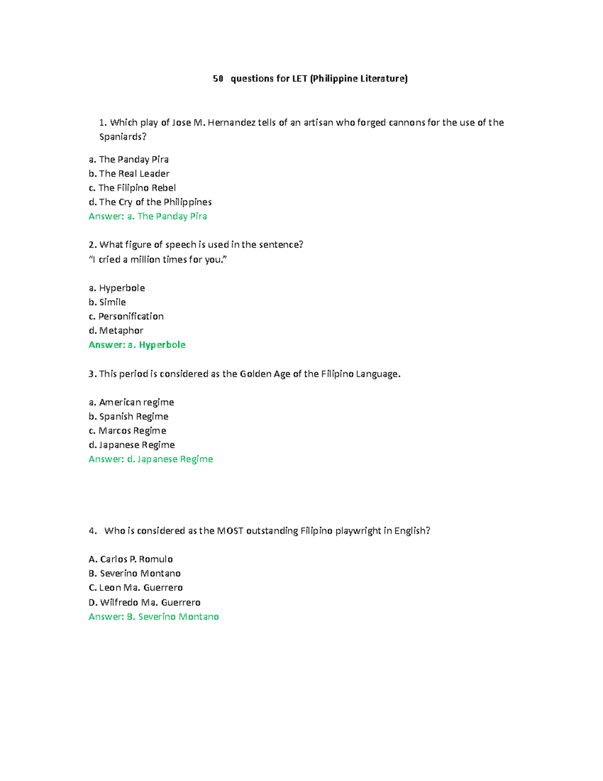 Pretest for Philippine Literature - 50 questions for LET (Philippine ...
