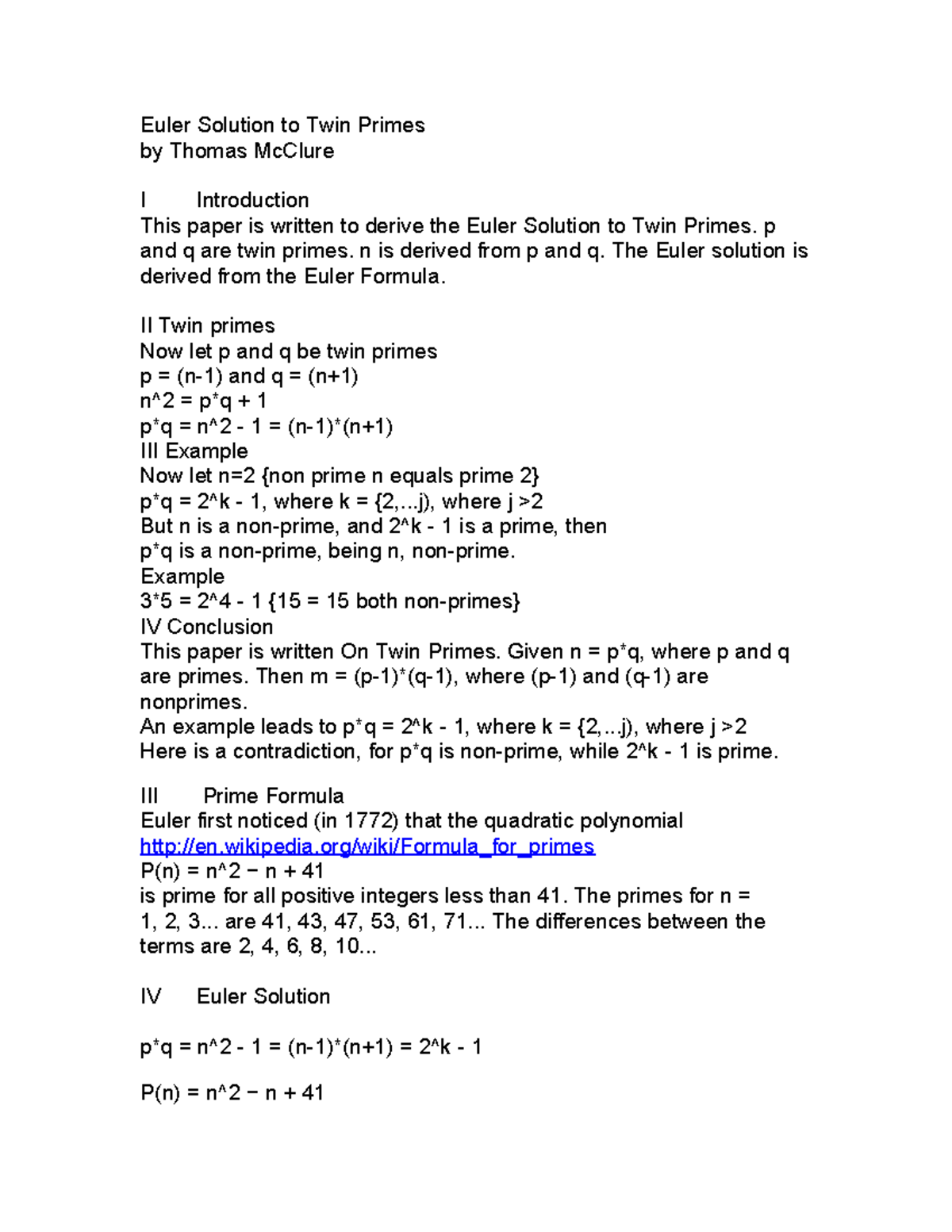 Euler Solution to Twin Primes - p and q are twin primes. n is derived ...